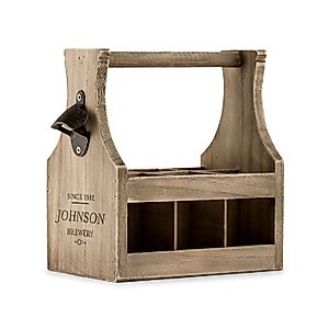 Weddingstar Custom Personalized Wooden Beer Bottle Caddy Holder with Metal Bottle Opener - Brewery Co. Etching