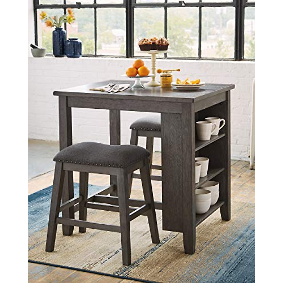 Signature Design by Ashley Caitbrook Counter Height Dining Room Table Set with 2 Upholstered Barstools, Gray