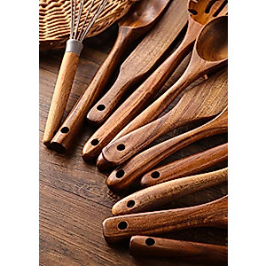 Kitchen Utensils Set, NAYAHOSE 11 Pcs Teak Wood Cooking Utensils Spoons Spatulas Spurtles Kit Non-stick Natural Kitchen Tools for Cooking