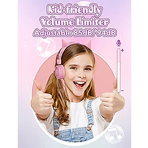 SIMJAR Cat Ear Kids Headphones with Microphone for School, Volume Limiter 85/94dB, Wired Girls Headphones with Foldable Design for Online Learning/Travel/Tablet/iPad (Pink)