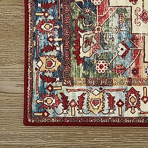 Zacoo Boho Area Rug 5x7 Washable Rug Vintage Soft Medallion Distressed Print Carpet Oriental Non-Slip Non-Shedding Low-Pile Throw Thin Bedroom Rugs for Living Room Dining Room Red/Beige
