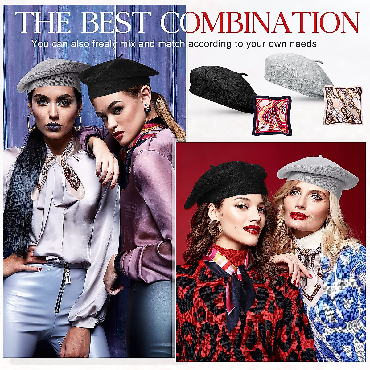 Laumoi 16 Pieces Wool Beret Hat French Style Artist Beanie Beret with Silky Scarf Set for Women, One Size