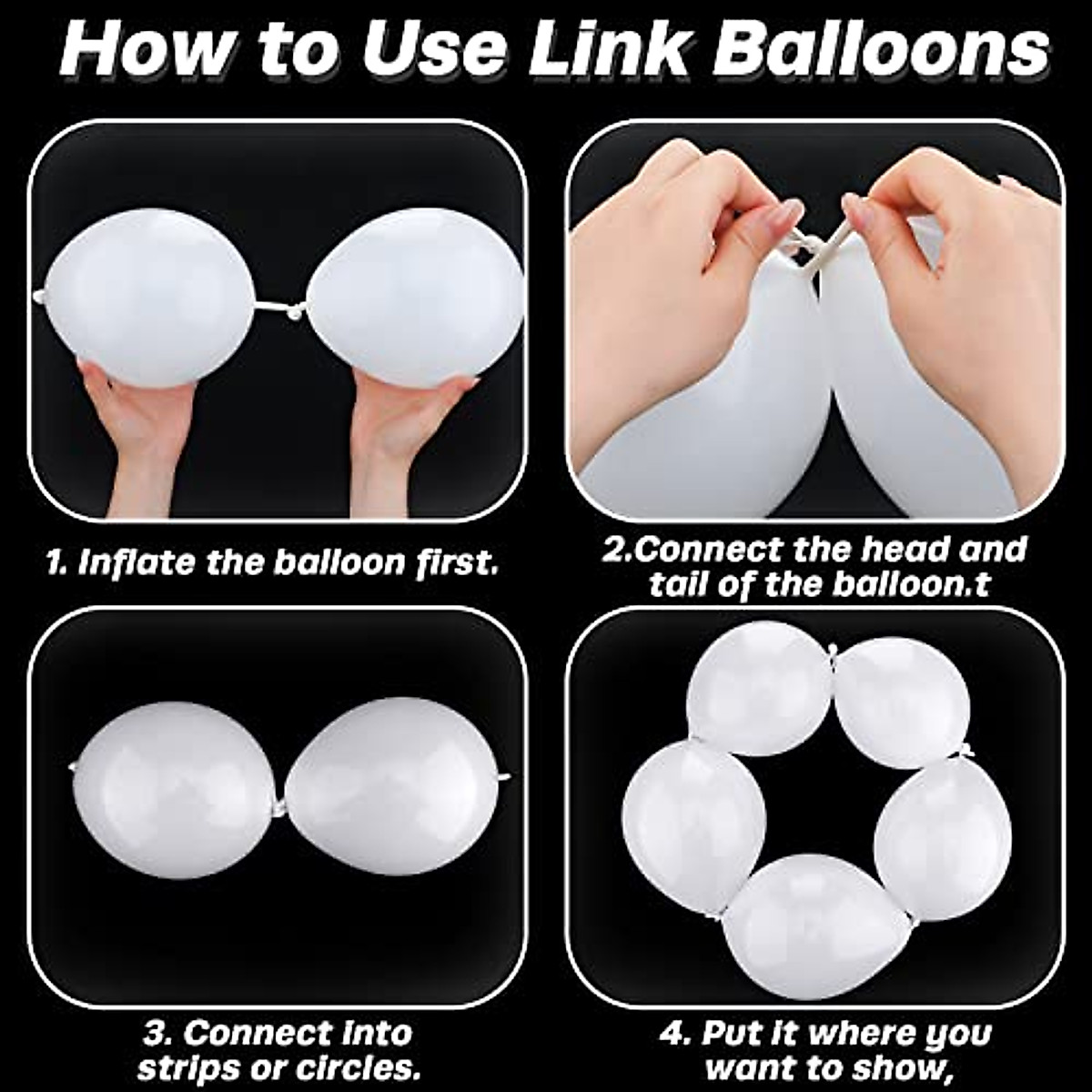 Charnoel 120 Pcs White Link Balloons, 12 Inches and 6 Inches Needle Tail Balloons Quick Linkable Balloon Latex Linking Balloons for Birthday Party Wedding Anniversary Graduation Arch Decorations
