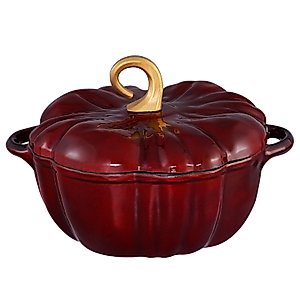 Flavehc Pumpkin Dutch Oven Pot with Lid 1.8 qt Pumpkin Cast Iron Dutch Oven for Bread Baking Red Enameled Cast Iron Dutch Oven with Handels