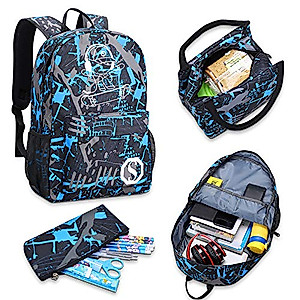 Pawsky School Backpack for Boys, 14 Inch Laptop Backpack with USB Charging Port, Lightweight Water Resistant Bookbag Daypack Lunch Bag & Pencil Case, Blue