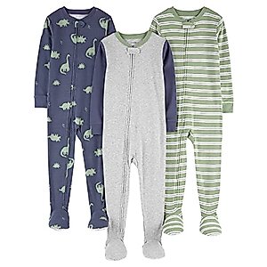 Simple Joys by Carter's Toddler Boys' Snug-Fit Footed Cotton Pajamas, Pack of 3, Green Stripe/Grey Heather/Indigo Wash Dinosaur, 3T