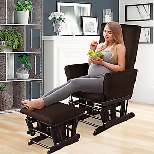 Costzon Glider and Ottoman Set, Wood Baby Rocker Nursery Furniture for Napping Reading Nursing, Cleanable Upholstered Comfort Rocking Nursery Chair with Detachable Cushion (Brown)