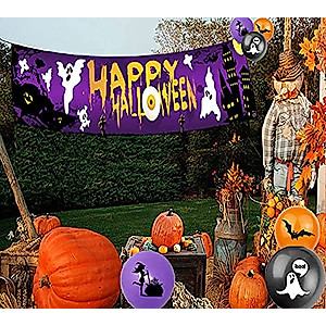 Extra Large Happy Halloween Banner Halloween Party Sign Banner Decorations Halloween Party Balloons Halloween Ghost Yard Sign Decoration Backdrop Photography Backdrop for Halloween Party(118” x 24”)