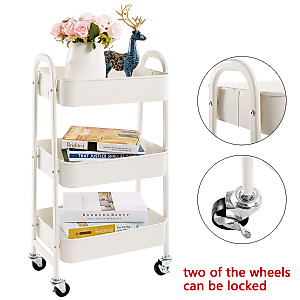AGTEK Makeup Cart, Movable Rolling Organizer Cart, White 3 Tier Metal Utility Cart