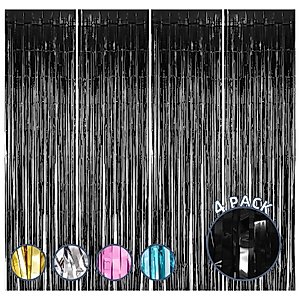 4 Pack 3.2ft x 8.2ft Black Foil Fringe Curtain Backdrop Metallic Tinsel Foil Fringe Curtains Photo Booth Backdrop for Birthday Party Decorations Christmas Baby Shower Party Decorations (Black)
