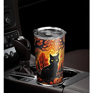 ORCAE 20oz Halloween Pumpkin Ghost Black Cat, Gifts for Cat Lovers, Halloween, Trick or Treat Gifts, Coffee Thermos, Stainless Steel Double Wall Vacuum Insulated Coffee Mug, Travel Cup with Lid - O