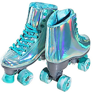 JajaHoho Roller Skates for Women, Holographic High Top Faux Leather Rollerskates, Shiny Double-Row Four Wheels Quad Skates for Girls Age 8-50 Indoor Outdoor (Mint Green, Size 9)