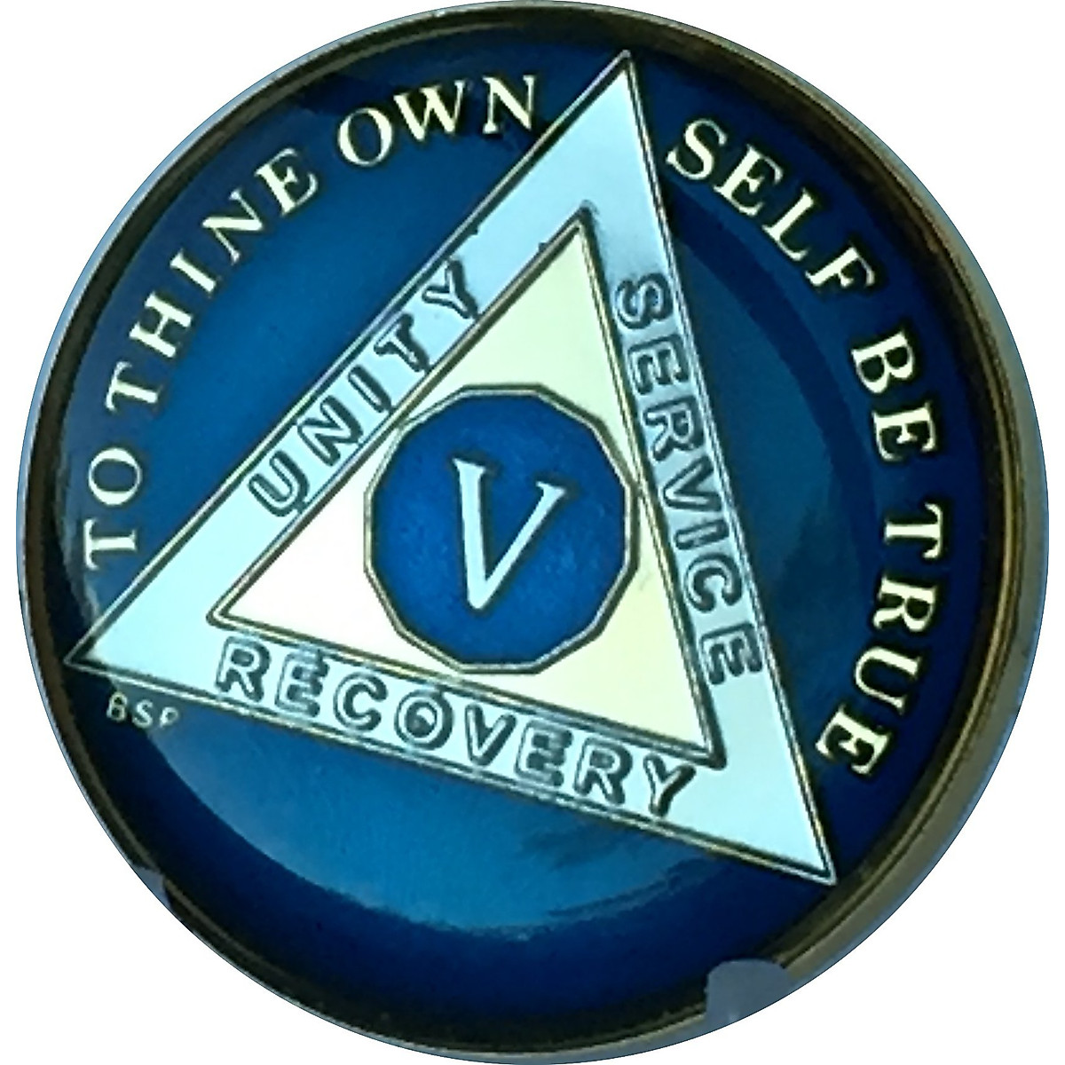5 Year Midnight Blue AA Alcoholics Anonymous Medallion Chip Tri Plate Gold & Nickel Plated Serenity Prayer