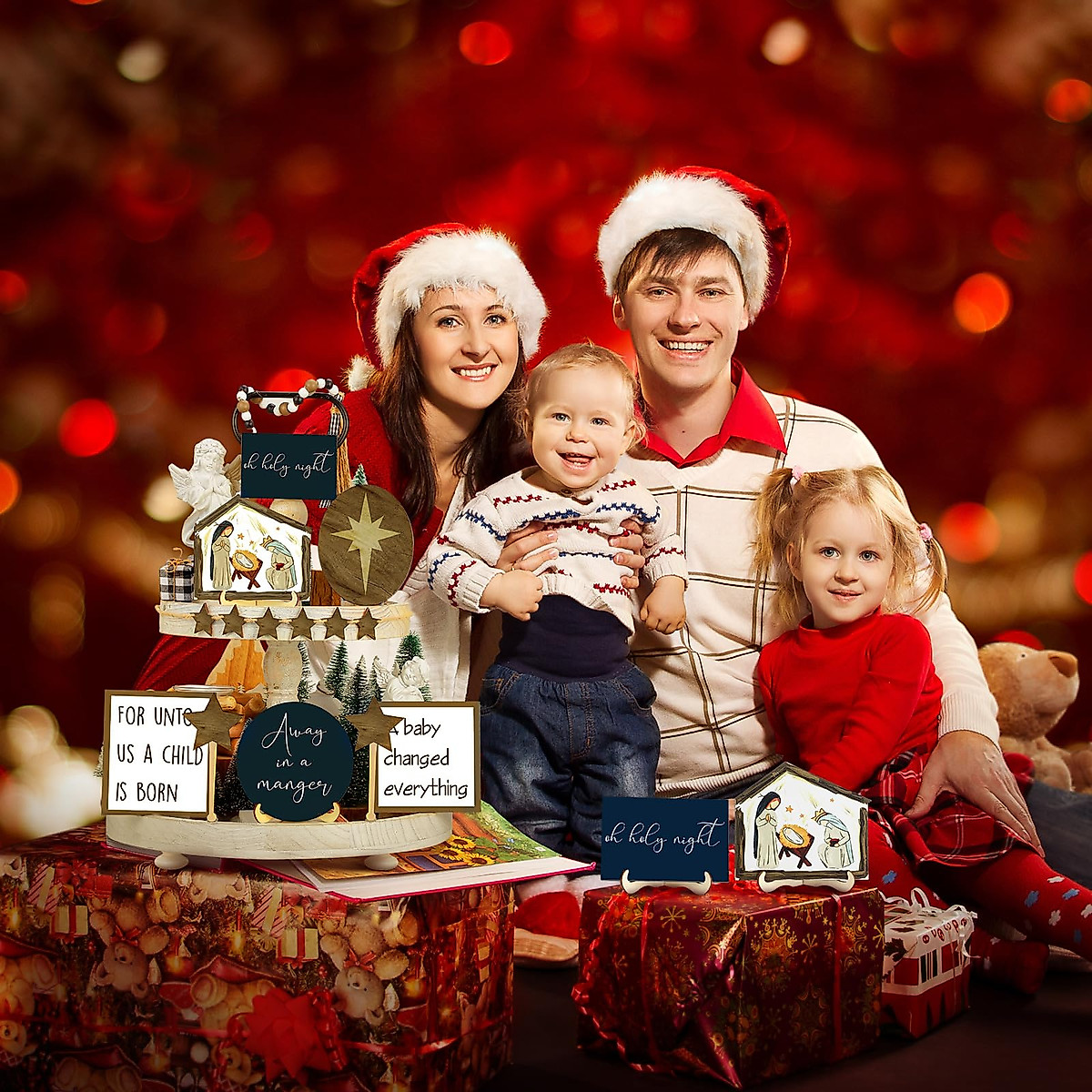 Bucherry 1 Sets Christmas Christian Jesus Nativity Tiered Tray Decor Farmhouse Nativity Decor Angels Mangers Jesus' Birth Wooden Christian Decor for Home Table Mantel