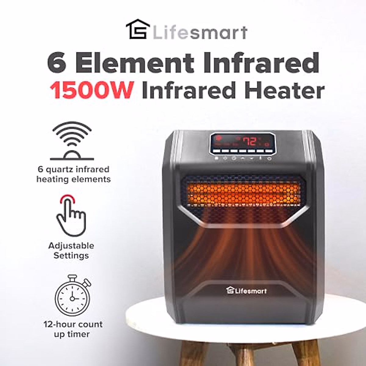 LifeSmart LifePro 1500 Watt High Power 3 Mode Programmable Space Heater with 6 Quartz Infrared Element, Remote, and Digital Display, Black
