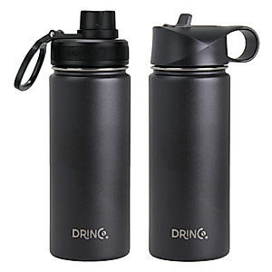 DRINCO Stainless Steel Water Bottle Spout Lid Vacuum Insulated Double Wall Water Bottle Wide Mouth (40oz 32oz 22oz 18oz 14oz) Leak Proof Keeps Cold or Hot (18 oz, 18oz Black)