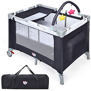 BABY JOY Pack and Play, 3 in 1 Double Layer Portable Baby Playard with Bassinet, Changing Table, Lightweight Installation-Free Playpen with Large Capacity Storage Shelf, Oxford Carry Bag (Bear)