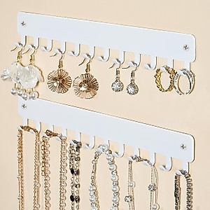 bussdis Drill-In Necklace Organizer: Sturdy Necklace Holder Wall Mounted with Hooks for Tangle-Free Jewelry Storage – Space-Saving Wall Necklace Hanger, White, 2 PCS
