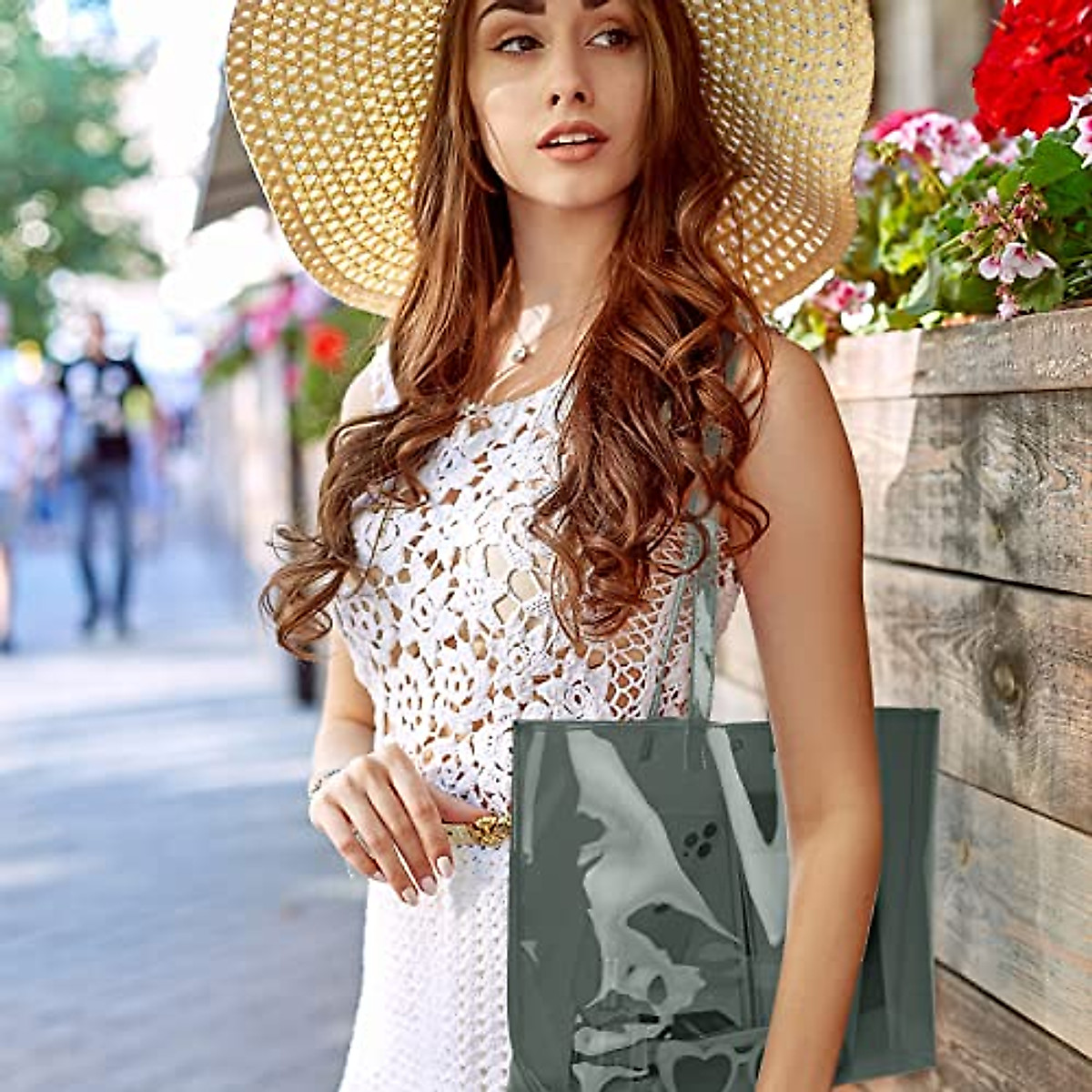 4 Pcs Clear Tote Bags Large Beach Bags for Women Plastic Waterproof Clear Bag PVC Gym Tote Bags for Women Gray Green Blue Pink Summer Pool Stadium Work