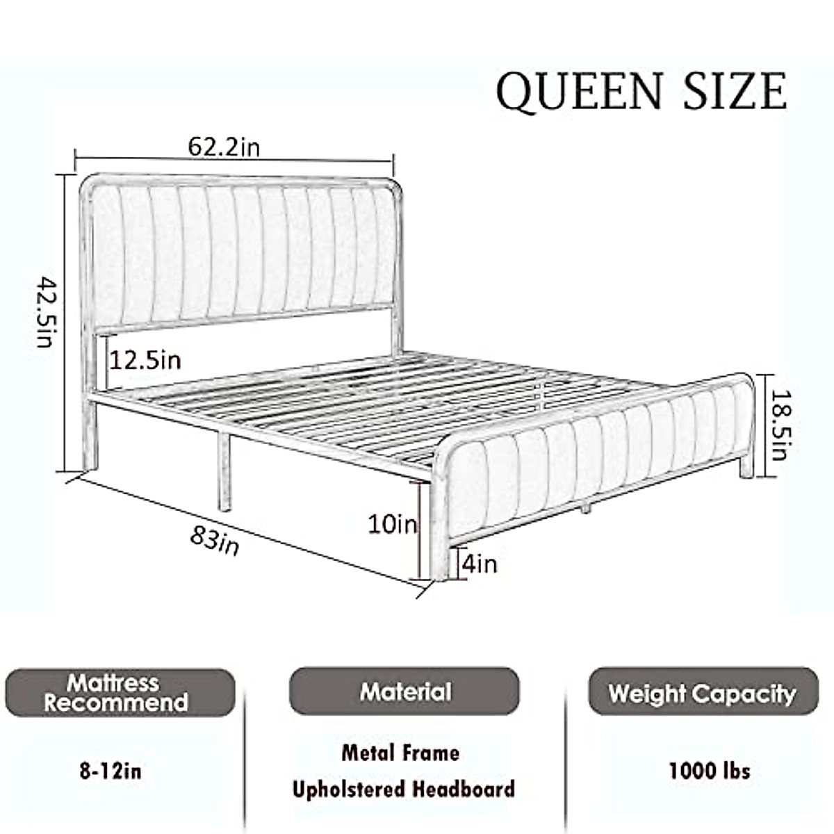 Alorksi Queen Bed Frames with Headboard, Upholstered Platform Bed Frame Queen Size, No Box Spring Needed/Noise Free/Heavy Duty Metal Slats/Easy Assembly