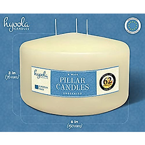 HYOOLA Ivory Three Wick Large Candle - 6 x 3 Inch - Unscented Big Pillar Candles - 62 Hour - European Made