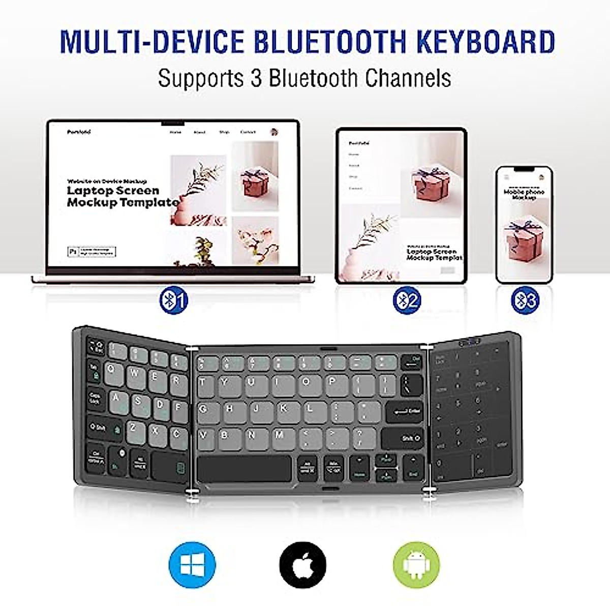 EDJO Foldable Bluetooth Keyboard, Rechargeable Portable Wireless Keyboard with Touchpad & Number Pad for Android, Windows, iOS, PC/Laptop/Smartphone/Tablet (Grey)