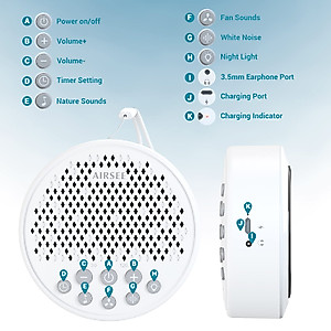 AIRSEE White Noise Machine for Baby Kids Adults, Portable 34 Soothing Sound Machine with Night Light, Rechargeable Compact Noise Machine for Home Office Travel Nursery Gift