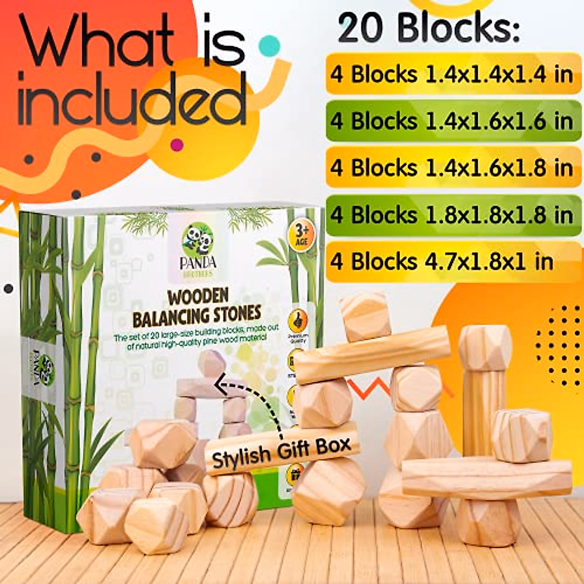 Panda Brothers Wooden Balancing Stones - Montessori Toys for 3 4 5 Year Old Kids and Toddlers Learning Sensory Toy, 20 Large Size Wooden Building Blocks Set of Stacking Stones for Kids Pine Wood Rocks