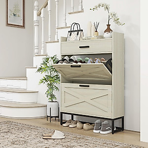 HOMCOM Narrow Shoe Cabinet, Industrial Shoe Storage Cabinet with 2 Flip Drawers, Adjustable Shelves, and Top Drawer, Entryway Hidden Shoe Storage for 12 Pairs of Shoes, Distressed White