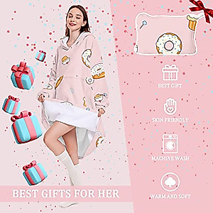 Wearable Blanket Hoodie Oversized Sweatshirt With Hood Sleeves and Pocket Cozy Warm Hoddie Blanket for Adult Gifts for Women,Unicorn Donut Pink