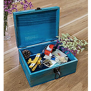 Dedoot Wooden Keepsake Box, Blue Wood Box with Lock Decorative Handmade Craft Small Latched Box for Jewelry Gift Storage and Home Decor, 9.3x7.6x4.5 Inch