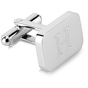 18K White-Gold Plated Initial Engraved Stainless Steel Men’s Cufflinks With Gift Box -Personalized Alphabet Letter’s A-Z By Lux & Pair (H- White Gold)