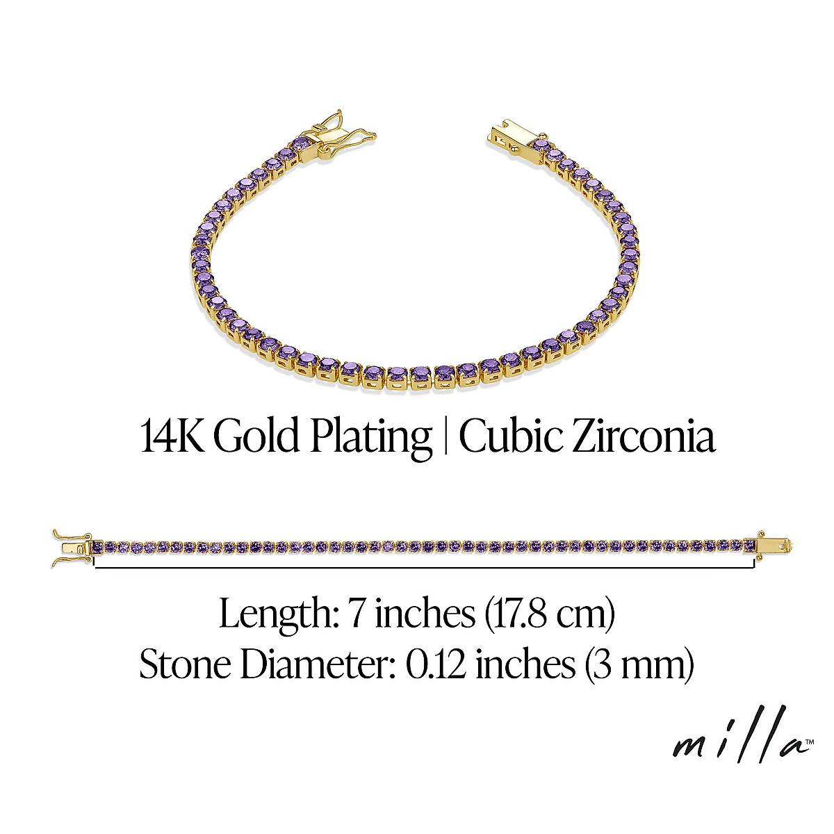 Milla Cubic Zirconia Tennis Bracelets for Women - 14K Gold Plated Bracelets for Women - Purple Bracelets, Green Bracelets, Red Bracelets for Women & More (Purple - 7 inches)
