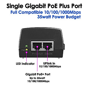 Gigabit PoE+ Injector, IEEE802.3AT/af Compliant, 30W POE Power Adapter Compatible with Ubiquiti U-POE-at, U-POE-AF, TL-PI30G, Suitable for U6 AP U6-LR, U6-LITE & U6-PRO