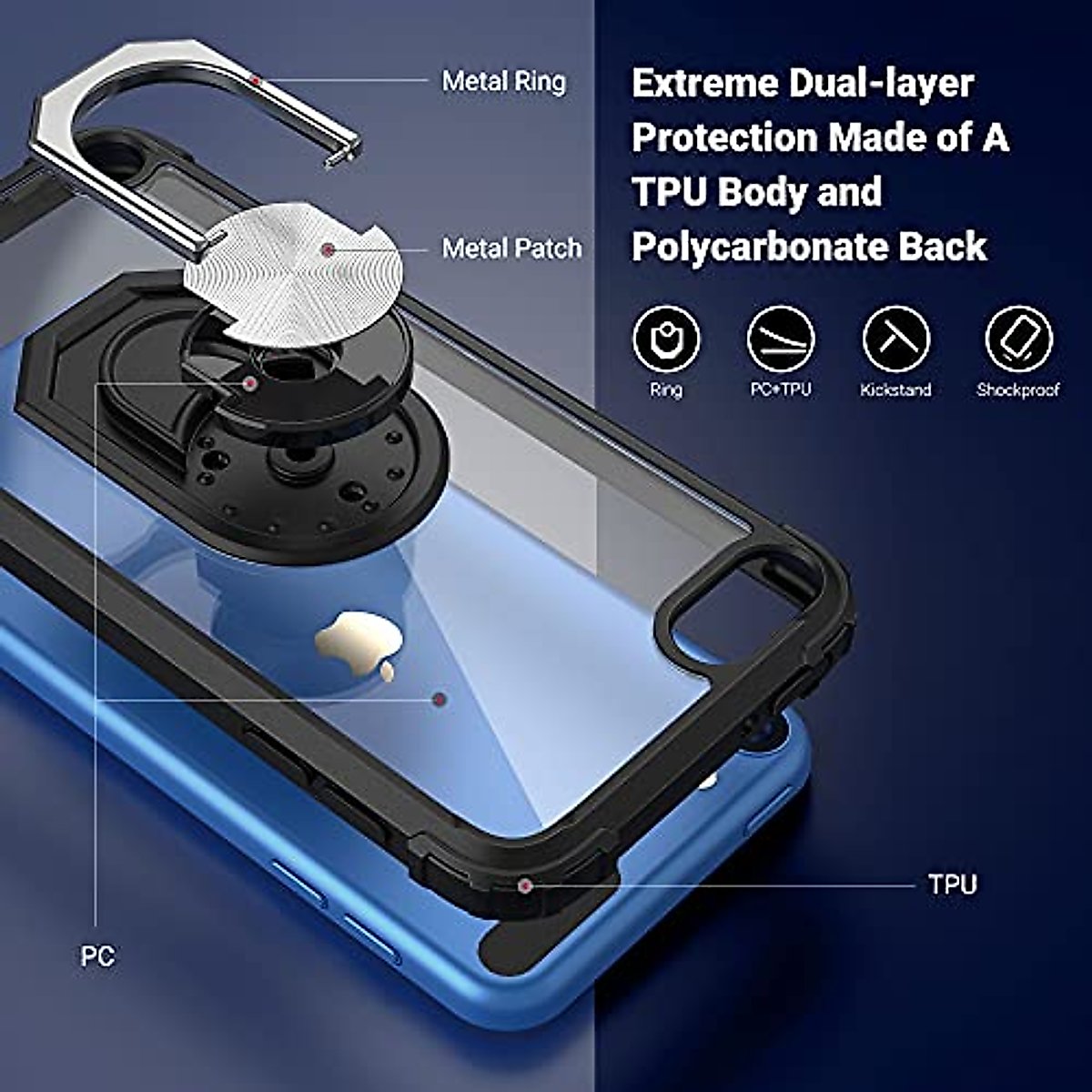 ULAK Compatible with iPod Touch 7th Generation Case with Screen Protector, Clear Back Cover with Build in Kickstand, Heavy Duty Hard Shell Case for Apple iPod Touch 7th/6th/5th Gen, Black