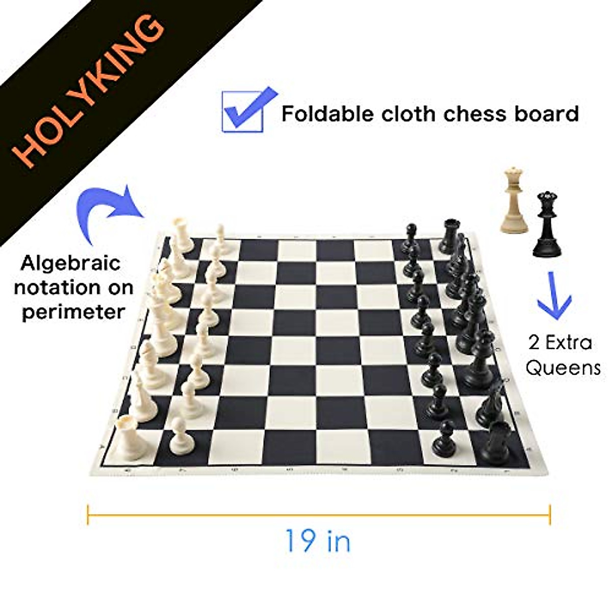 HOLYKING 19" Tournament Cloth Chess Board Set - Portable Travel Chess Game Set Roll Up Combination- Beginner Chess Set for Kids and Adults