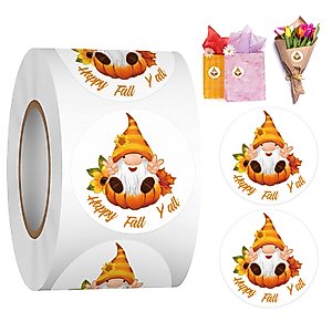 Happy Fall Y'all Label Stickers Roll, 1.5 inch 500 Pcs Thanksgiving Autumn Gnome Floral Leaves Harvest Party Stickers，Thank You Stickers for Envelope Seals Party Gift Favors Box Cards Decorations