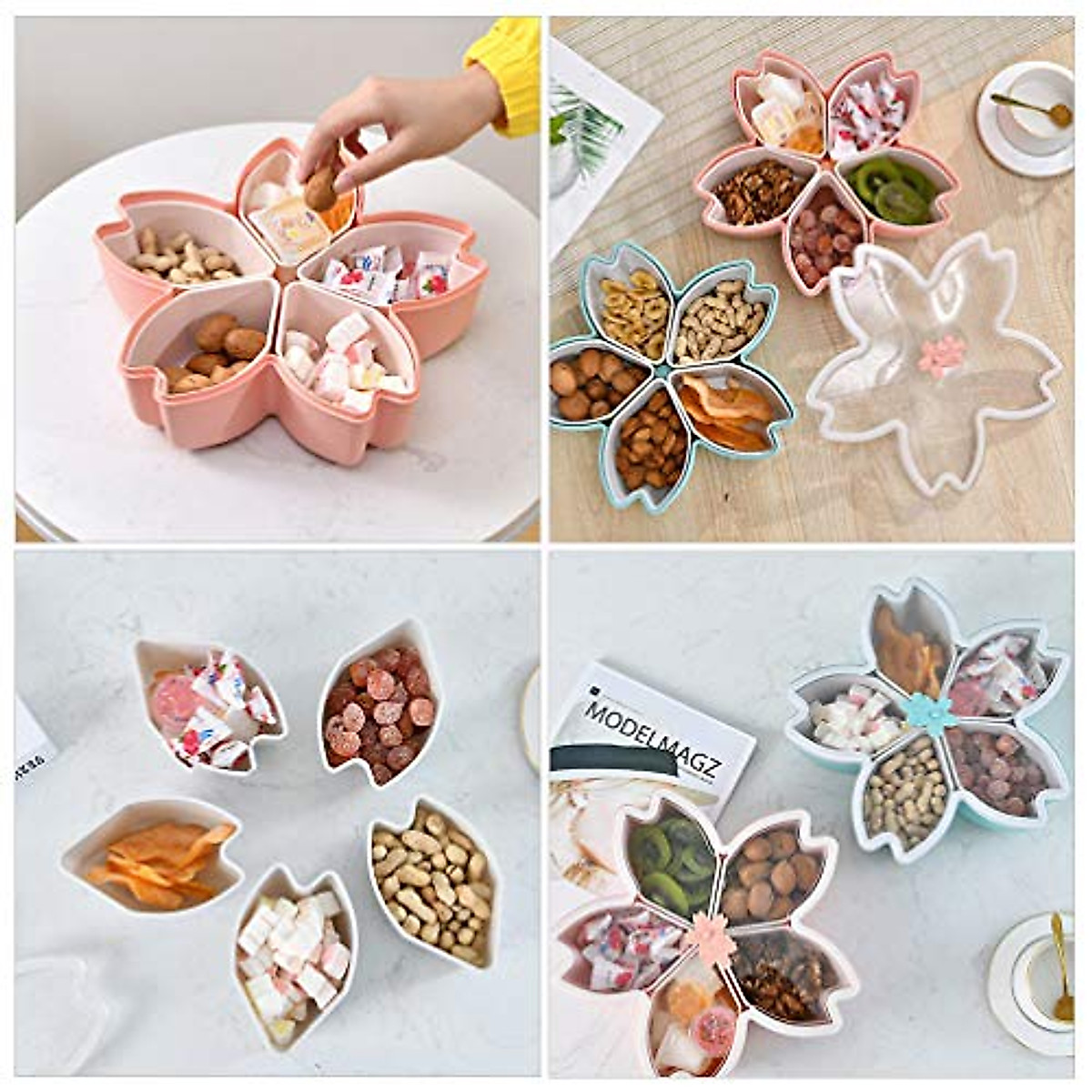 Cabilock Flower Snack Tray with Cherry Blossom Shape Fruits Box Compartment Dish Round Party Serving Tray Plastic Clear Fruits Veggie Plates Candy Container Pink