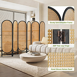 Leesinwing 6 Panels Room Dividers and Folding Privacy Screens, Hand-Woven Rattan Room Divider Wall, Wood Room Divider Freestanding Room Partitions Screen for Home Office Bedroom, Black
