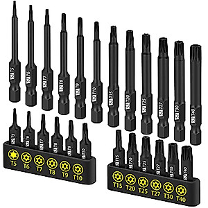 HORUSDY 24-Piece Tamper Resistant Star Bits, S2 Alloy Steel, 1" and 2.3" Long T5 - T40 Security Torx Bit Set.