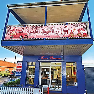 Large Happy Valentines Day Banner Outdoor Decorations 120" x 20" Valentine's Yard Sign Pink Flowers Hearts Love Truck Cute Gnomes Trees Balloons Holiday Party Supplies Valentine Backdrop Home Decor with Brass Grommets for Garden House Fence Garage Indoor