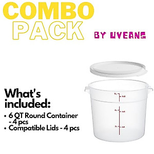 uVeans COMBO PACK Round Food Storage Containers With Lids - 6 Quart Commercial Grade Food Storage Set - 4 Containers, 4 Lids