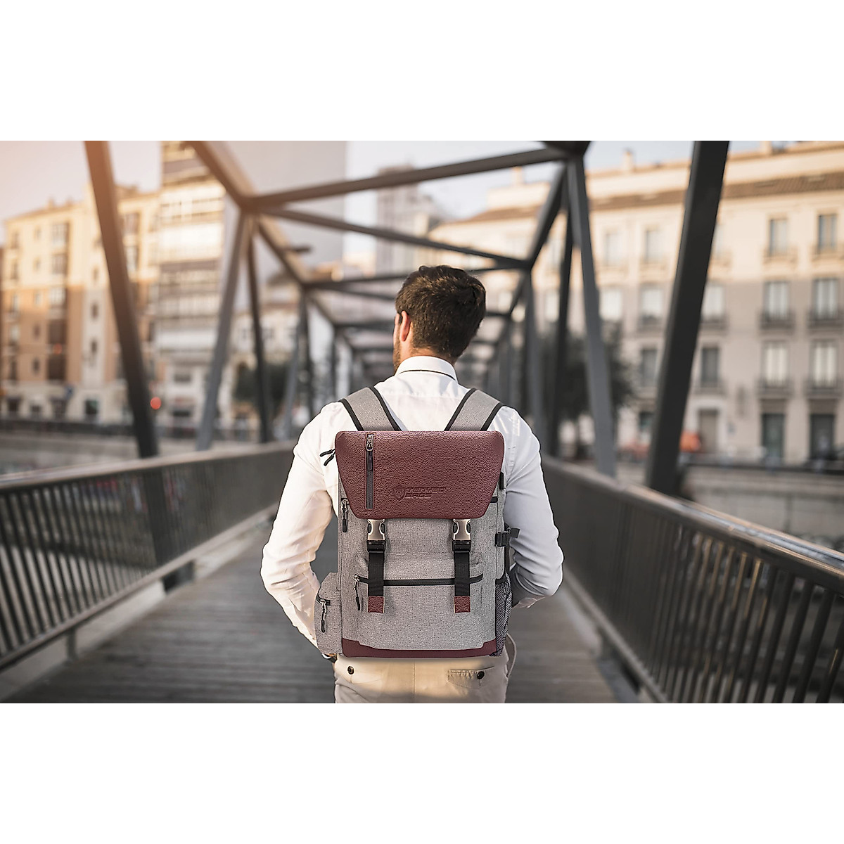 TENYBO Backpack And small Bag With Lock Included - Carbon Lined Bag And Backpack With Laptop Compartment And USB Port (Grey And Brown) Size 17x12 Inches Gift for Him