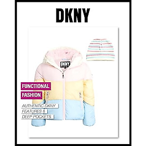 DKNY Infant Toddler Baby Girls' Winter Jacket - Fleece Lined Quilted Bubble Puffer Parka Coat for Girls (Sizes:12M-4T), Size 4, Cream/Pink/Yellow/Powder Black