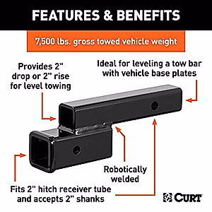 CURT 45797 Trailer Hitch Adapter, 2-Inch Receiver, 2-in Drop or Rise, 7,500 lbs