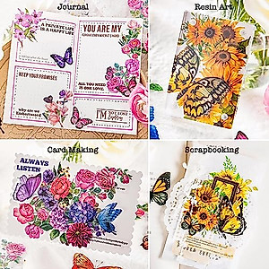 Knaid 300 Pieces Assorted Butterfly and Flower Stickers, Transparent Butterflies Floral Resin Decals Aesthetic Journaling Scrapbook Stickers for Card Making Bullet Junk Journal Planner Craft Supplies