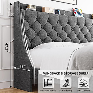 GAOMON King Size Bed Frame with Charging Station and Storage Shelf, Upholstered Platform Bed with Headboard and Wingback, Button Tufted Design, No Box Spring Needed, Easy Assembly, Dark Grey