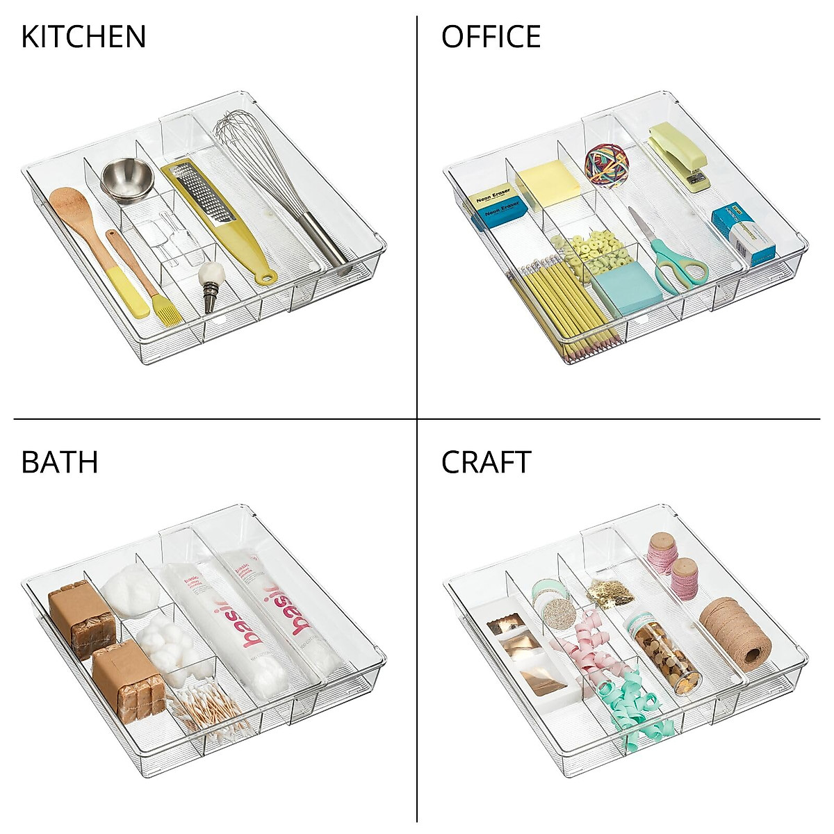 mDesign Adjustable, Expandable Plastic In-Drawer Utensil Organizer Tray Deep 5 Section Divided for Kitchen Organization; Holds Cutlery, Flatware, Silverware, Cooking Utensils, Ligne Collection, Clear