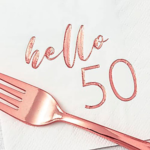 Crisky Rose Gold Hello 50 Cocktail Napkins for Women 50th Birthday Decorations, 3-Ply 50th Birthday Disposable Cake Beverage Dessert Napkins, 50 Pcs