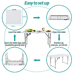 Dkeli Folding Table 4 Foot Portable Picnic Table Plastic Adjustable Height Heavy Duty for Indoor Outdoor Camping, Picnic and Party, Fold in Half with Handle and Steel Legs, White